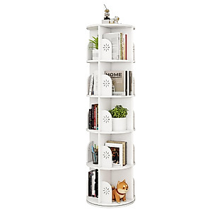 Hestiasko 5 Tier Rotating Bookshelf, 360 Rotating Bookcase, Spinning Bookshelf Tower for Kids & Adults, Corner Bookshelf for Small Space, Revolving Bookcase for Bedroom, Living Room, White
