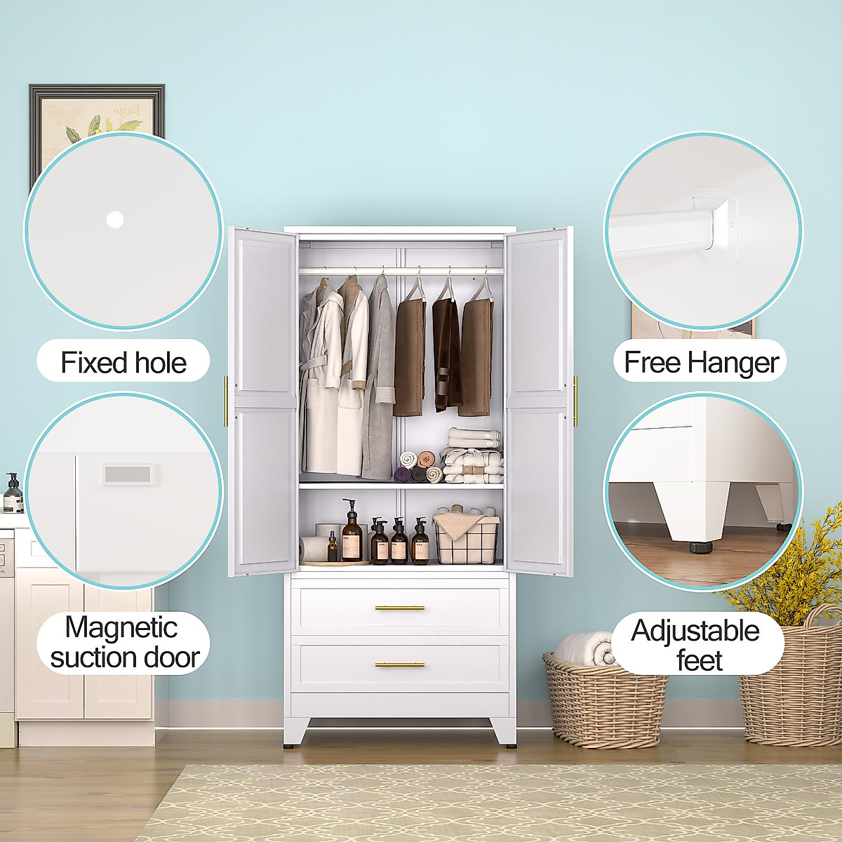 erosoei Metal Armoire Wardrobe Closet, 71 "Metal Clothing Storage Cabinet with Adjustable Shelves and Hanging Rod, Household Steel Wardrobe Storage Cabinet with Drawers (armoire-White)