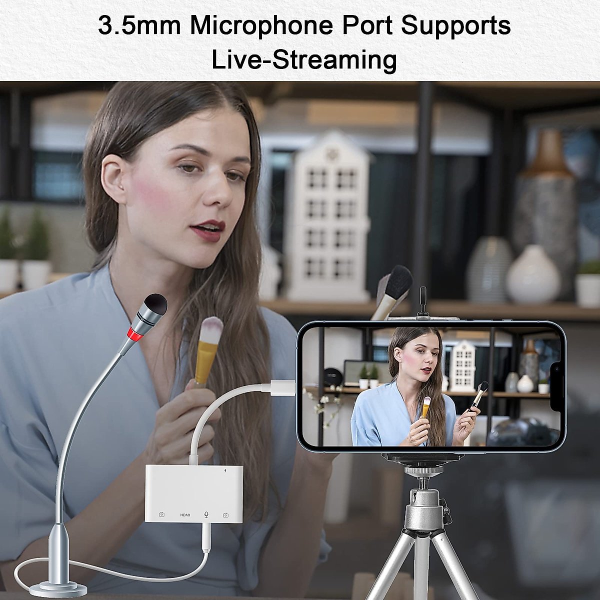 Unitrox iPhone Microphone Adapter for Live-Streaming, HDMI Adapter for iPhone to TV, Dual USB Female OTG Adapter with Charging Port Compatible with iPhone/iPad/iPod, No Application, Plug and Play