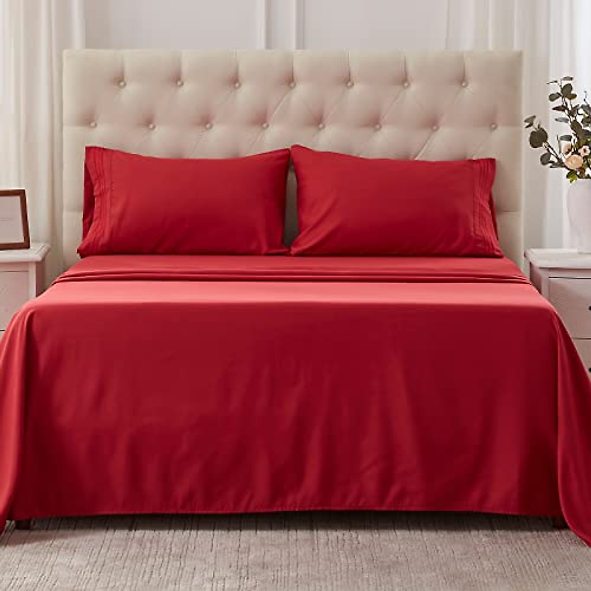 NexHome Full Size Sheet Set, Breathable & Cooling Sheets, Hotel Luxury Bed Sheet, Extra Soft, Deep Pockets 16", Easy Fit, Wrinkle Free, Comfy, Wine Red Bed Sheets 4 Piece Set