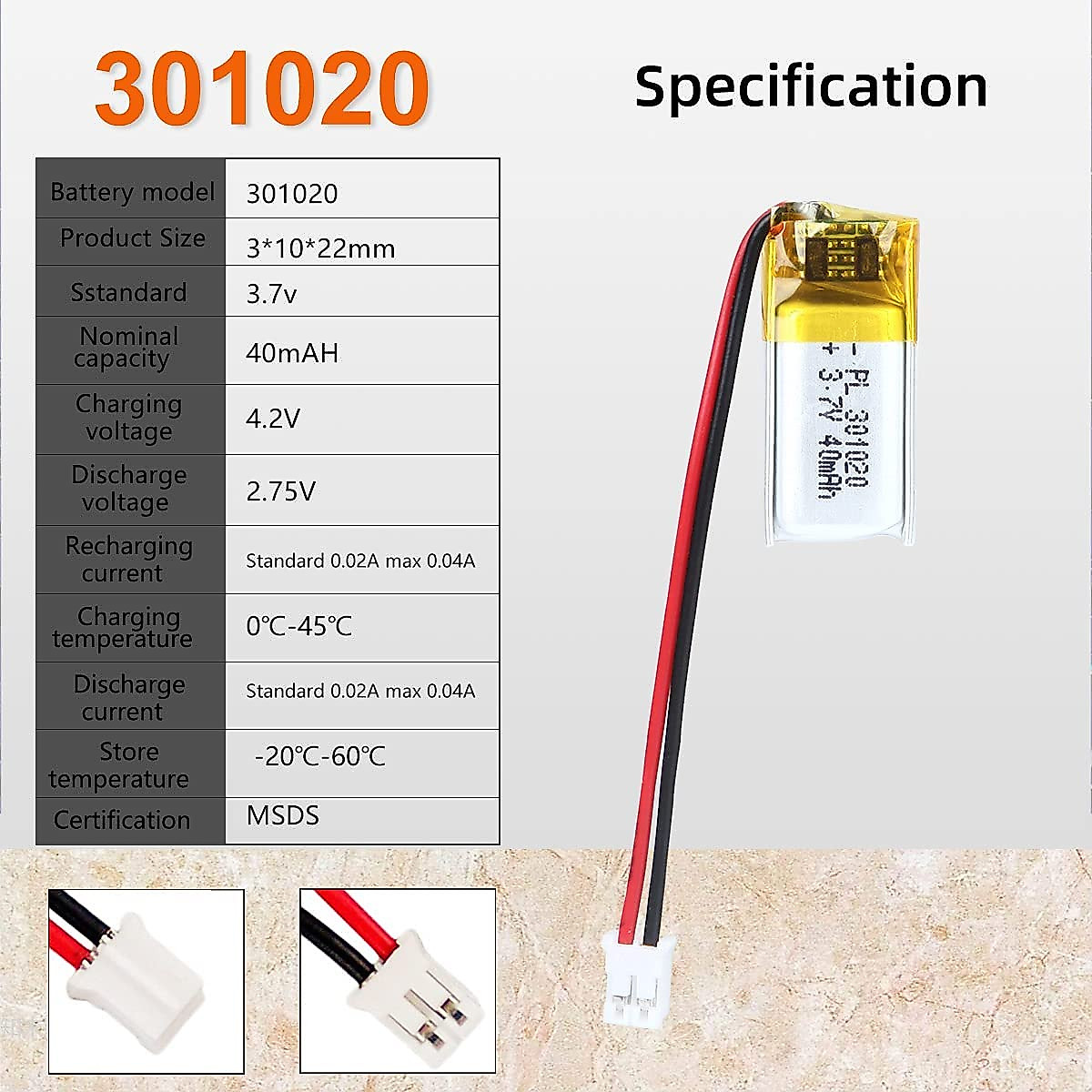 AKZYTUE 3.7V 40mAh 301020 Lipo battery Rechargeable Lithium Polymer ion Battery Pack with PH2.0mm JST Connector
