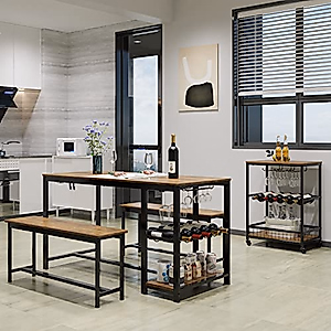 HITHOS 3-Piece Dining Table Set, Rustic Wood Kitchen Dinner Table with Benches for 4, Breakfast Nook Table with Wine Rack and Glass Holder, Rustic Brown