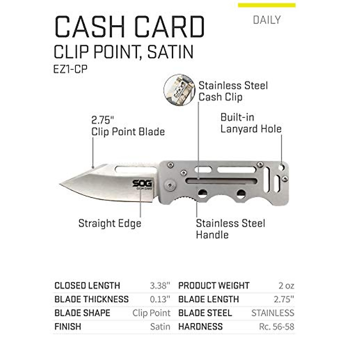 SOG Cash Card Money Clip Pocket Knife- 2.75 Inch Blade EDC Knife with Clip for Pocket, Money or Card Holder, Stainless Steel Handle with Built-In Lanyard Hole (EZ1-CP), Onesize, Satin Polished
