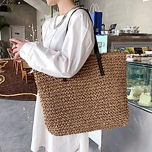 Straw Bag Women Straw Woven Tote Large Beach Handmade Weaving Shoulder Bag Handbag (2 in 1 style-Khaki)