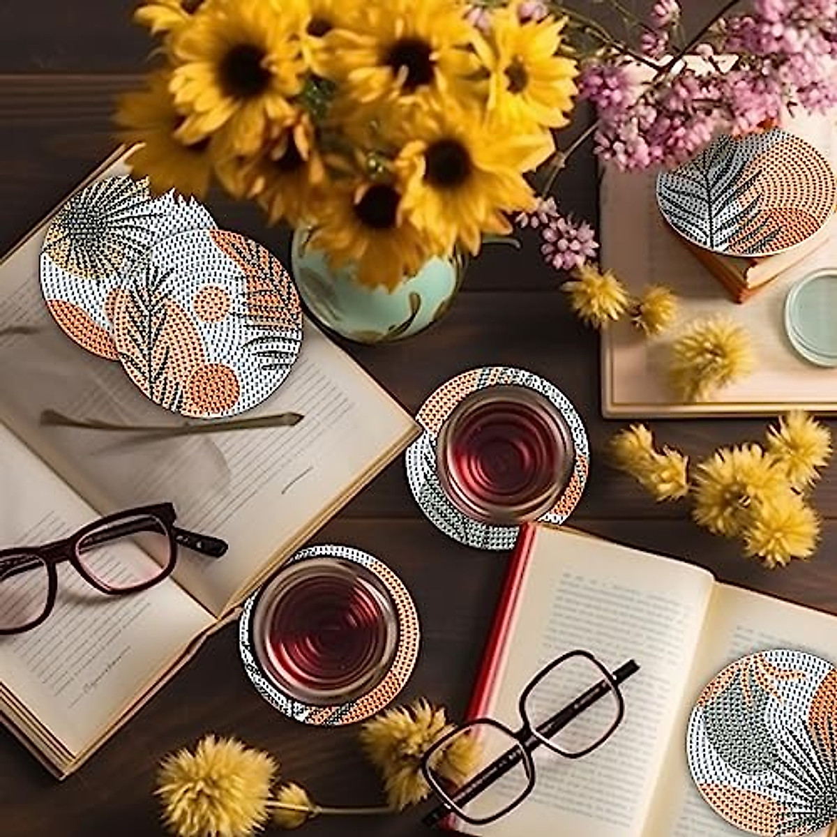 8 Pcs Leaves Diamond Painting Coasters with Holder, DIY Gray Leave Boho Diamond Art Non Slip Coaster for Adults Kids Beginners, Diamond Painting Kits Accessories Art Craft Supplies