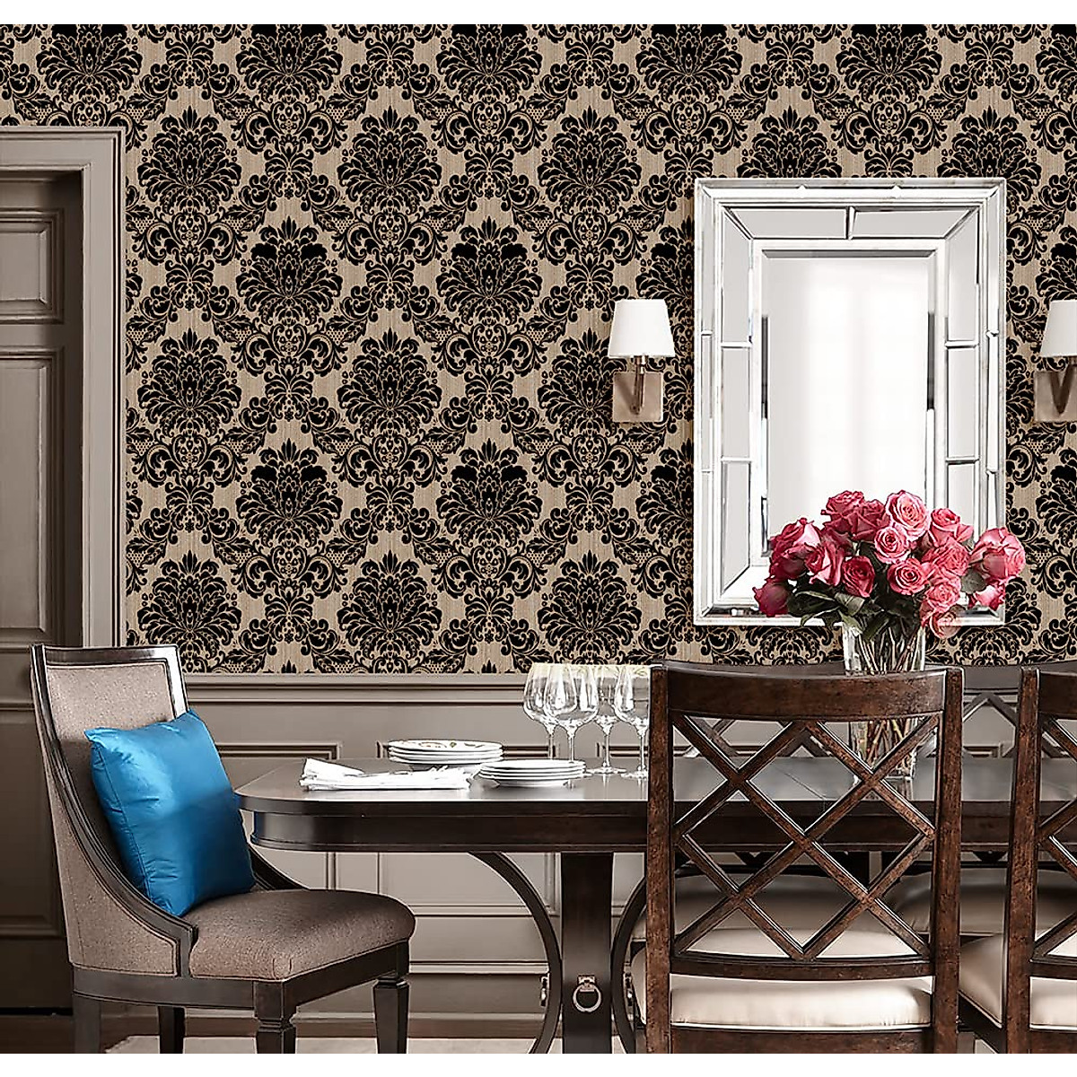 JZ·HOME H9148 Damask Peel and Stick Wallpaper 17.7" x 9.8ft Black/Brown Removable Contact Paper Self-Adhesive Damask Furniture Stickers Drawer Vinyl Decorative Film