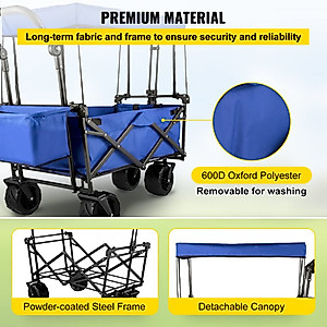 Utility Wagon with Canopy and Rear Storage - Collapsible Folding Garden Cart for Camping, Groceries, and Shopping - Blue