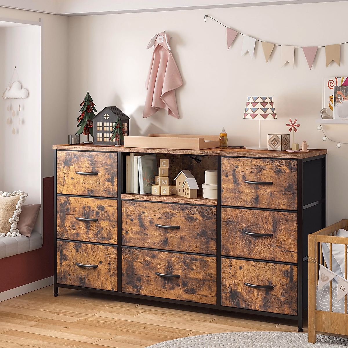 Dresser for Bedroom with Power Outlets, 55" TV Stand Dresser with 8 Drawers, Fabric Dressers & Chest of Drawers for Living Room, Entryway, Rustic Brown