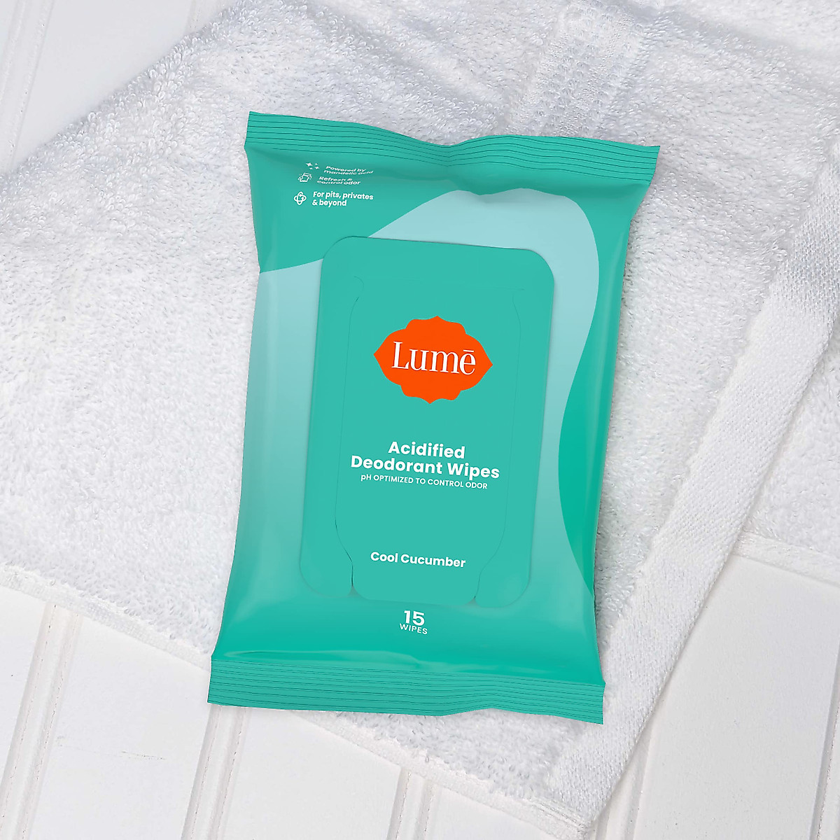 Lume Acidified Deodorant Wipes - 24 Hour Odor Control - Aluminum Free, Baking Soda Free, Skin Loving - 15 Count (Pack of 3) (Cool Cucumber)