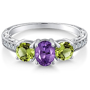 Gem Stone King 925 Sterling Silver Purple Amethyst and Green Peridot 3-Stone Engagement Ring For Women (2.01 Cttw, Oval Gemstone Birthstone, Available in size 5, 6, 7, 8, 9)