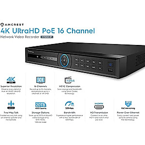 Amcrest 4K NV5216E-8P (16CH 1080P/3MP/4MP/5MP/6MP/4K/12MP) Network Video Recorder (8-Port PoE) - Supports up to 16 x 4K IP Cameras, Supports up to 2 x 10TB Hard Drives (Not Included)