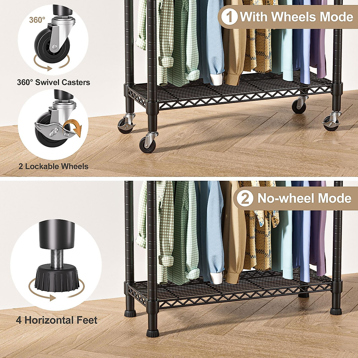 Maiproo Mini Clothing Rack Heavy Duty Clothes Rack with Wheels 3 Tiers Wire Shelving Adjustable with Double Rods and Side Hooks Rolling Clothing Racks for Hanging Clothes Coat Rack Freestanding