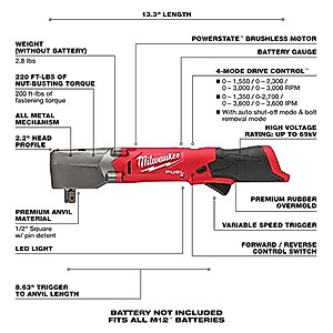 Milwaukee 2565P-20 M12 FUEL 1/2" Right Angle Impact Wrench with Pin Detent - No Battery, No Charger, Bare Tool Only