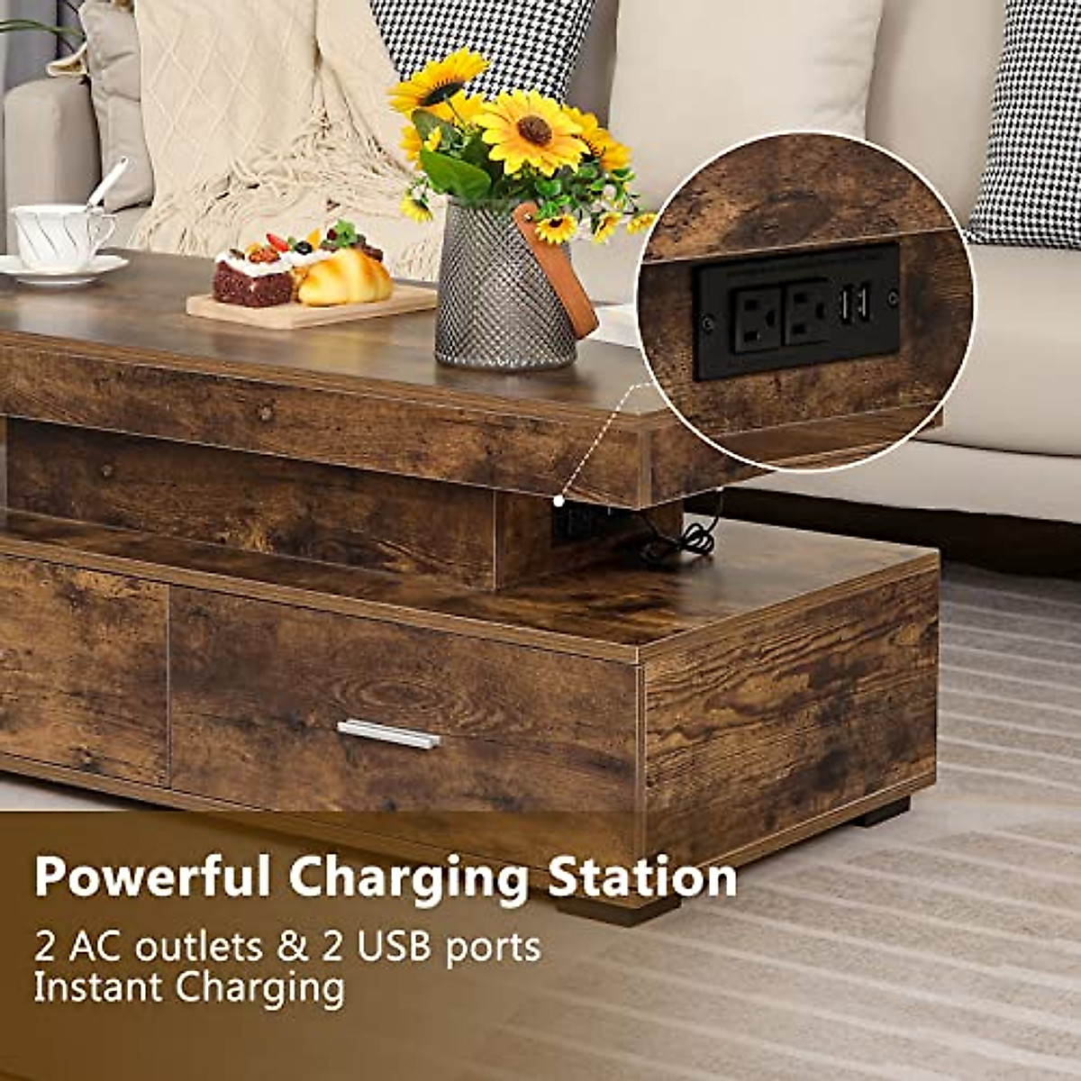 WEENFON LED Coffee Table, Smart Coffee Table with Charging Station, Lift Top, 21 Colors Change, 2 Tiers Modern Tea Table with Storage, Living Room Furniture, Rectangle Design, Rustic Brown