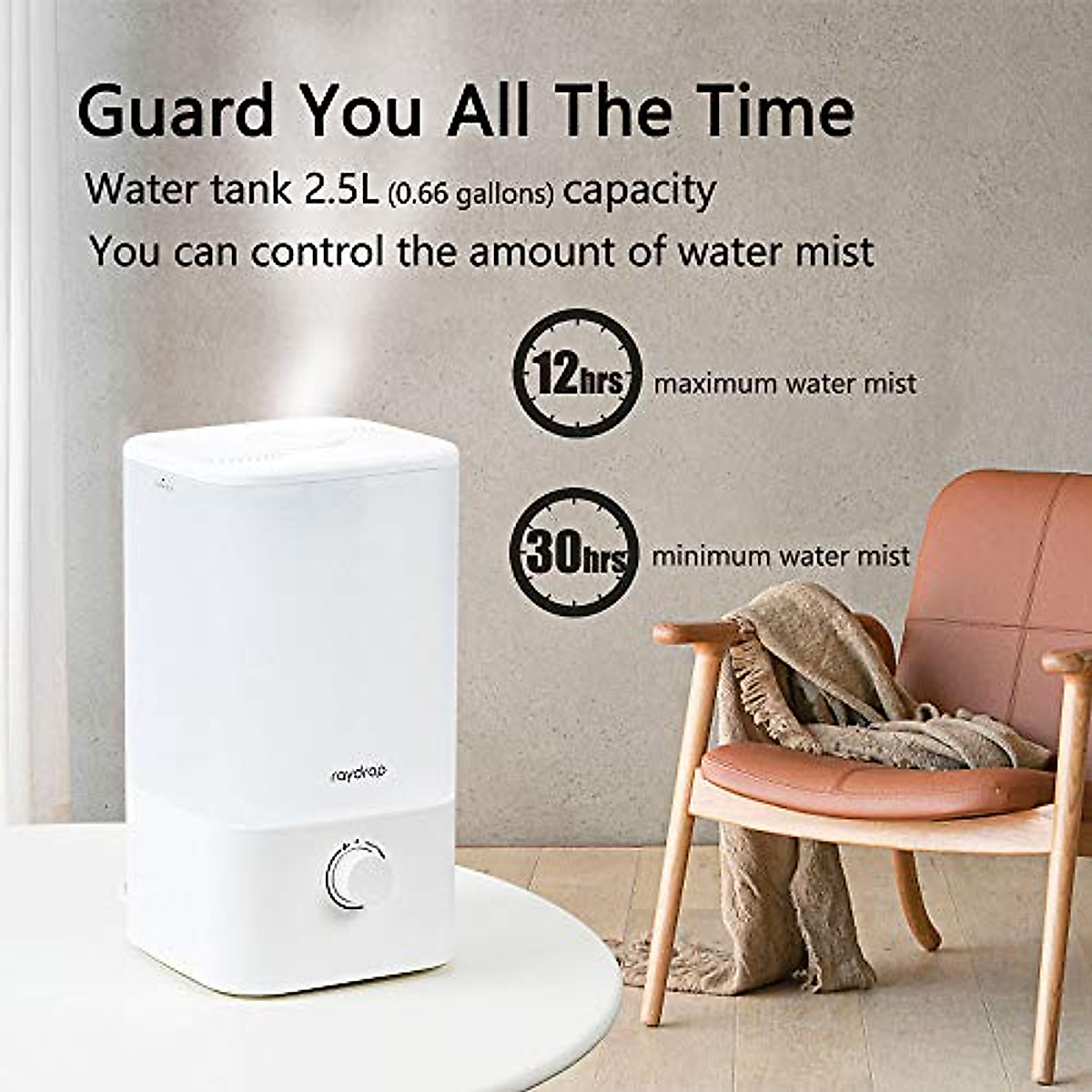 raydrop Cool Mist Humidifier, 2.5L Essential Oil Diffuser for Bedroom Nursery,Home and Office, Adjustable Mist,Auto Shut-Off, Easy to Clean,Dial Knob