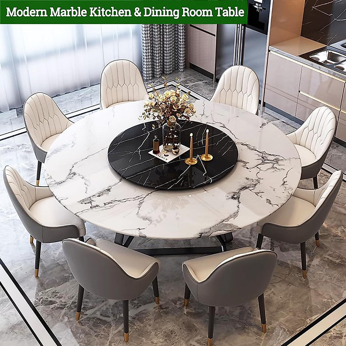 Marble Round Dining Table with Lazy Susan,Modern Kitchen & Dining Room Tables with Metal Base,Premium Circle Dining Table Pedestal Dining-Table Only(59.1" L x 59.1" W x 29.5" H, White & Black)