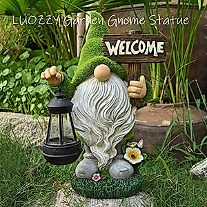 LUOZZY Flocked Garden Gnomes Statues with Solar Lights Garden Welcome Statue for Garden Yard Decorations