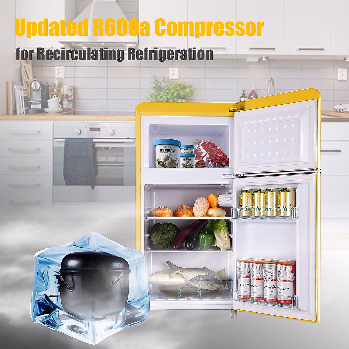 WANAI Compact Refrigerator, 3.5 Cu.Ft Retro Mini Fridge with Freezer, Dual Door Small Refrigerator with 7 TEMP Modes, LED Lights, Removable Shelves, Ideal for Bedroom Dorm Office Apartment