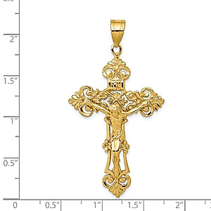 Solid 14k Yellow Gold INRI Fleur De Lis Cross Pendant Crucifix Charm - 57mm x 31mm
