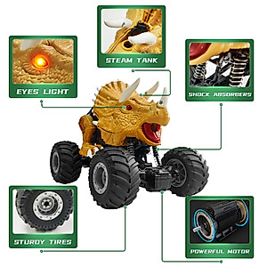 Pamopamo RC Monster RC Cars 1:18 Triceratops Dinosaur Racing Car Remote Control Car with Music,Led Lights,Spray Mist,Roaring Sound,4WD 2.4 GHz RC Monster Truck for Boys Girls Christmas