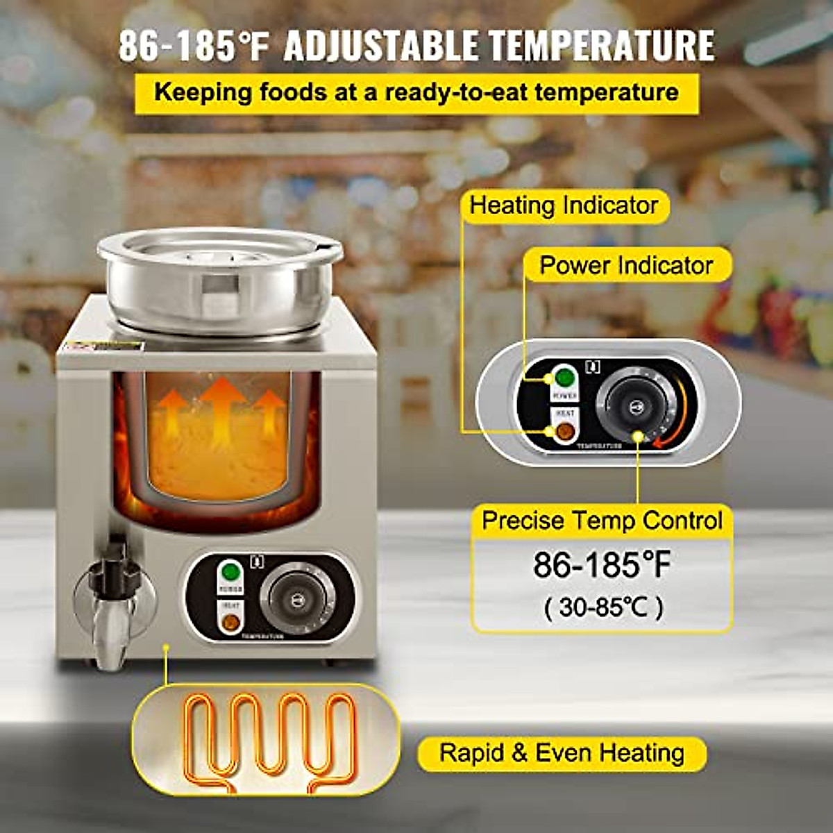 VEVOR Commercial Soup Warmer, 7.4 Qt Capacity, 300W 110V Electric Food Warmer, Adjustable Temp.86-185℉, Stainless Steel Countertop Soup Pot with Tap, Bain Marie Food Warmer for Cheese/Hot Dog/Rice