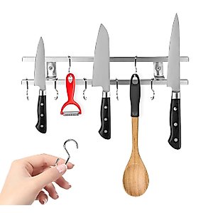Modern Innovations (12 Inch) Stainless Steel Metal Magnetic Knife Holder, Wall Mount Double Bar with 8 Hooks - Multipurpose Knife Magnetic Strip, Utensil hanger, and Kitchen Storage Rack Magnet