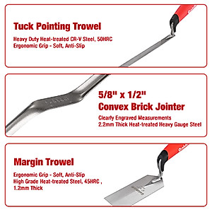 Goldblatt 6PC Masonry Hand Tool Set - 11" x 5-1/2" Philadelphia Brick Trowel, 2PC Pointing Trowel, 5" x 2" Margin Trowel, 1/2" Tuck Pointing Trowel, 5/8” x 1/2” Convex Brick Jointer