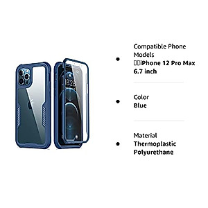 FUNMIKO iPhone 12 Pro Max Case,Clear Cover with Touch-Sensitive Built-in Screen Protector,Military Grade Pass 21ft. Drop Test Slim-fit Protective Phone Case for iPhone 12 Pro Max 6.7" Blue