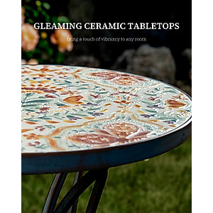 Frstem Mosaic Patio Table and Plant Stand, Outdoor Side Table for Patio with 14" Ceramic Tile Top, Weather Resistant Metal Round End Table Accent Table for Yard Porch Balcony Garden Bedside, Blossom