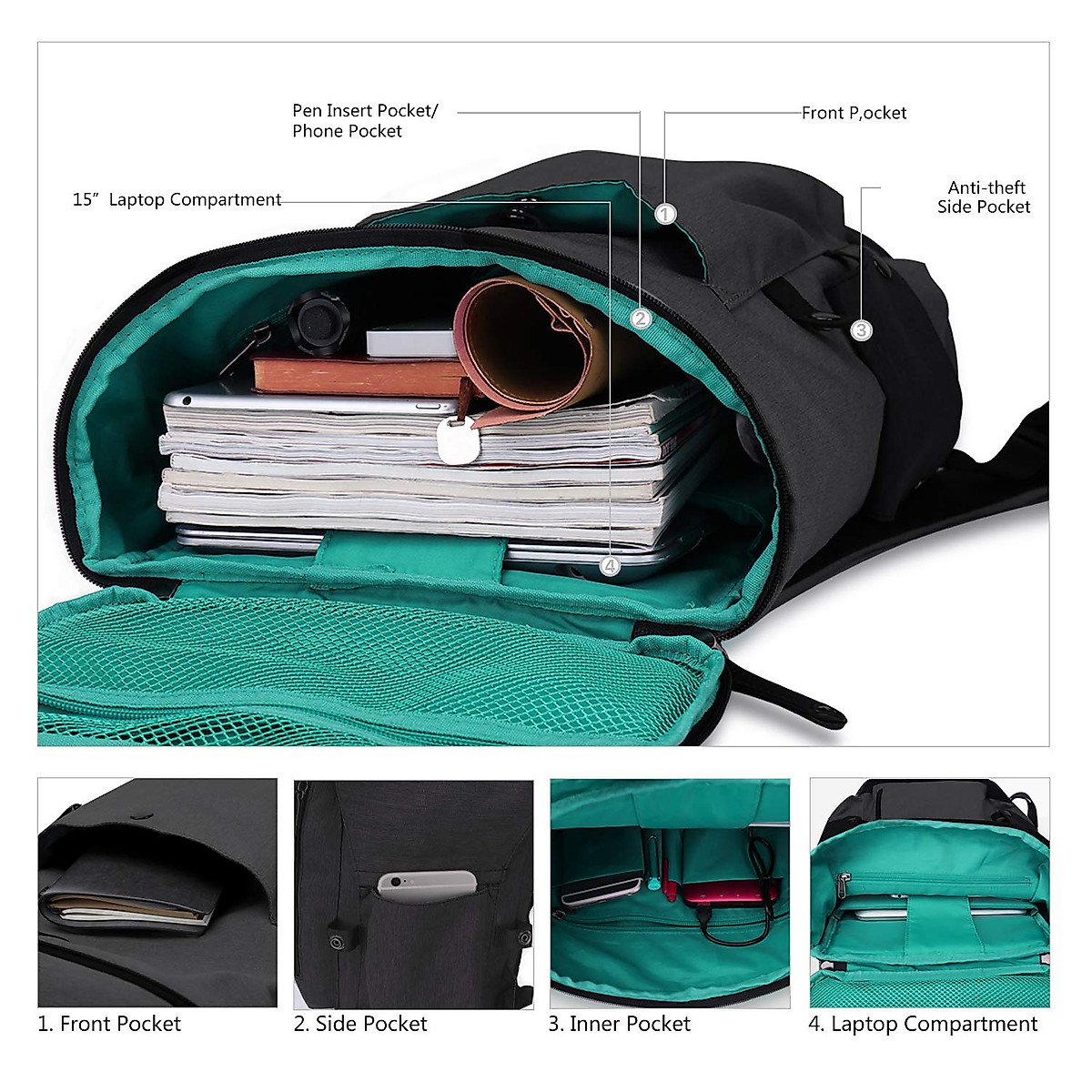 WindTook leisure backpack for Women College Book Bag Travel Work Daypack Laptop Computer Bag with USB Charging Port Suits 15 Inch Notebook, Black