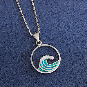 Aloha Jewelry Company Sterling Silver Created Blue Opal Wave Neckalce Pendant with 18" Box Chain