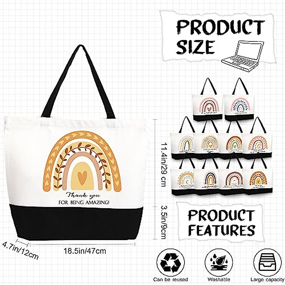 10 Pcs Employee Appreciation Gifts Teacher Tote Bags Bulk Rainbow Canvas Bag Inspirational Quotes with Zipper Thank You Gifts Inspirational Gifts for Women Teacher Coworker