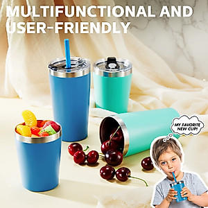 Kids Straw Cups Toddler Stainless Steel Stackable Cups with Silicone Straws and Lids 8.5 oz 12 oz Kids Insulated Spill Proof Tumblers Powder Coated Baby Drinking Cups for Boy Girl (Blue, Green, 4)