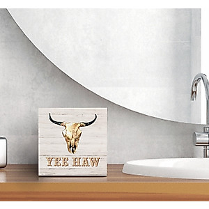 SRADMO Yee Haw Retro Western Bull Head Skull Wood Box Sign Desk Decor，Retro Western Cowboy Cowgirl Rodeo Theme Wooden Block Box Sign Decoration For Western Home Office Shelf Table Decor