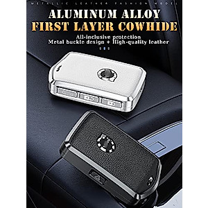 SANRILY Full Protection Key Fob Cover for Volvo XC90 XC60 S90 V90 2017 2018 Keyless Premium Metal and Leather Car Key Fob Shell Case with Keychain White