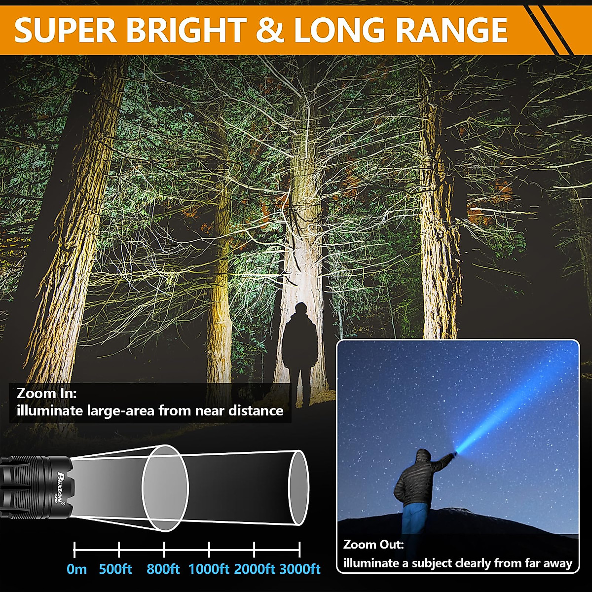 PHIXTON Flashlights Rechargeable LED High Lumens, Powerful 900,000 Lumen Flashlight, High Power Heavy Duty Red & White Flash Lights, Double Source, for Men Gift Emergency Hiking Work