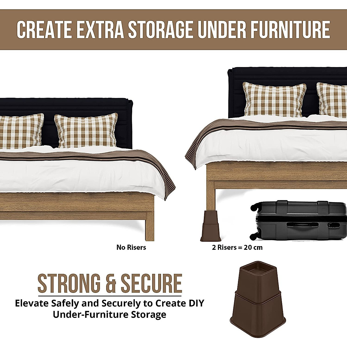 Utopia Bedding Adjustable Bed Furniture Risers - Elevation in Heights 3, 5 or 8 Inch Heavy Duty Risers for Beds and Under Bed Storage - Supports up to 1,300 lbs - (Set of 4 Riser, Brown)