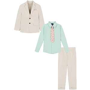Nautica Boys' 4-Piece Suit Set with Dress Shirt, Tie, Jacket, and Pants, Silvered Birch Linen