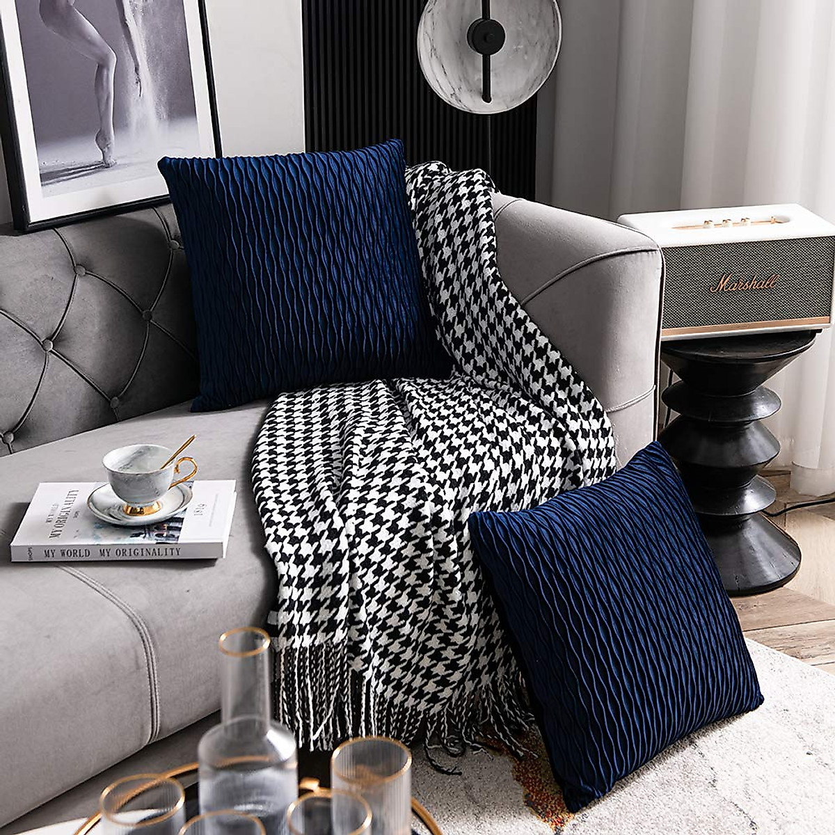 DEZENE Navy Striped Couch Pillow Cases: 2 Pack 22x22 Inch Original Velvet Square Throw Pillow Covers for Farmhouse Home Decor