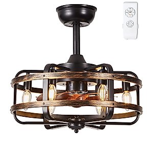 IYUNXI Caged Ceiling Fans with Lights Farmhouse, 18 Inch Flush Mount Vintage Bladeless Rustic Chandeliers Fan Remote Bedroom 6 Light E12 Bulb Base