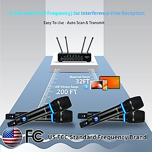ZERFUN 4 Channel Rechargeable Wireless Microphone System, Pro UHF Metal Handheld Wireless Microphones Cordless Mics with Echo Bluetooth VOL Channel Control for Karaoke Singing Church(MU-898)