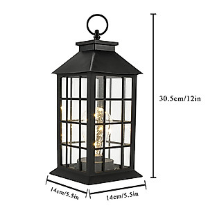 JHY DESIGN Waterproof Decorative Hanging Lantern 12''High Plastic Lantern Holder Battery Powered with LED Bulb and 6H Timer Lights for Balcony Garden Hallway Entryway Indoor Outdoor（Square Stripe）