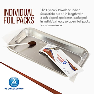 Dynarex Povidone Iodine Swabsticks, Swabstick Packaged in Individual Foil Pack, Antiseptic for Skin Preparation, Brown, 1 Case of 500 Dynarex Povidone Iodine Swabsticks, (10 Boxes of 50)