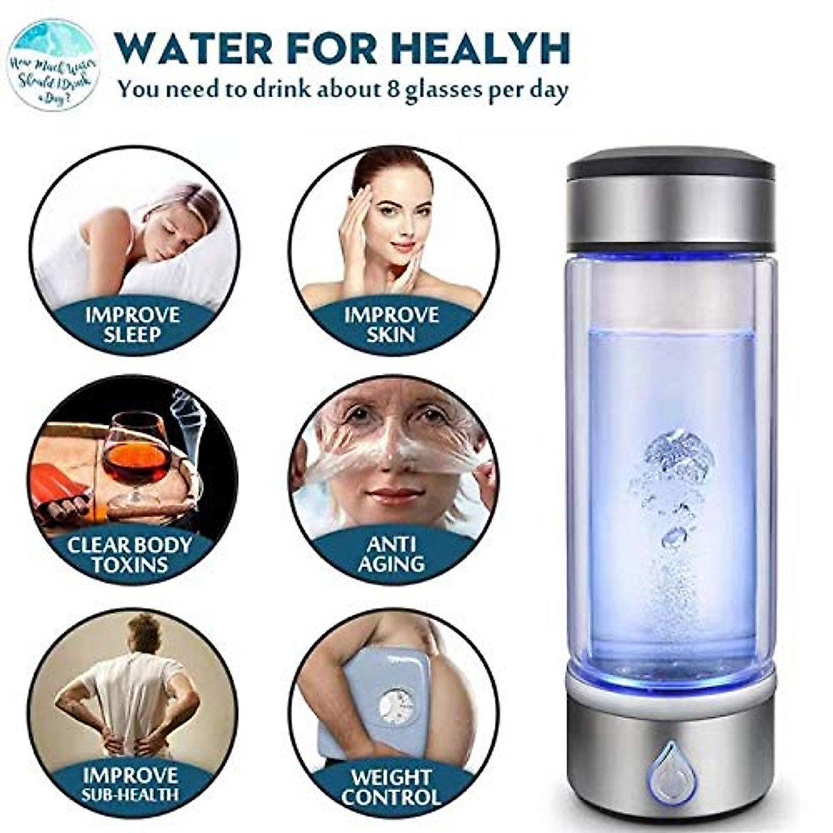 Portable Hydrogen-Rich Water Cup Generator,Up to 1500PPB with New SPE PEM Technology, Rechargeable Water Machine Ionizer,Health Cup Glass Water Bottles with Alkaline Energy (380ml)