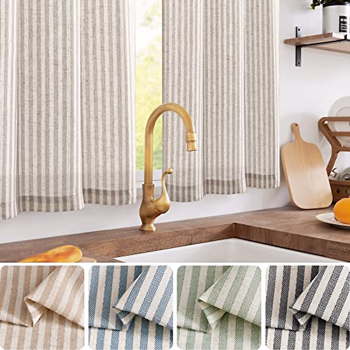 COLLACT Kitchen Curtains Linen Curtains 24 Inch Length Sets Pinstripe Pattern Grey Tiers for Kitchen Bathroom Farmhouse Country Rustic Rod Pocket Ticking Striped Curtains 2 Panels Gray on Beige