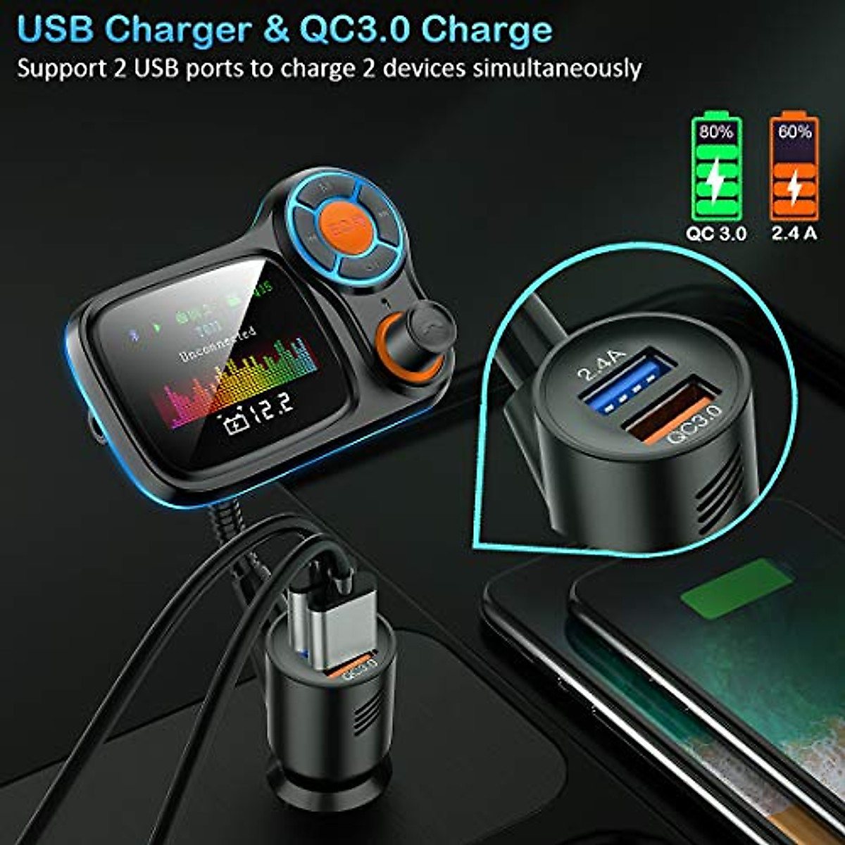 TSNAM Wireless Car Bluetooth Adapter,Radio FM Transmitters HandsFree Call Receiver and MP3 Music/APP Audio Play,QC3.0 and Smart 2.4A Dual USB Charger,1.8" Color Display,Aux Port,TF Card