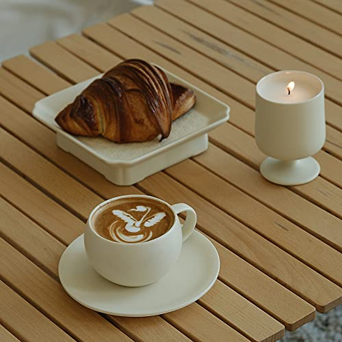 WENSHUO Egg Shape Coffee Mug, Round Teacup with Saucer, Matte Crème, 8oz