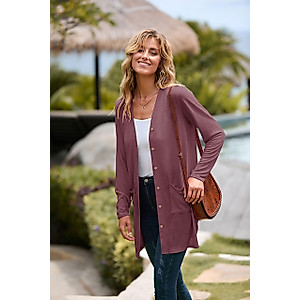 MEROKEETY Women's Open Front Lightweight Cardigan Long Sleeve Button Down Loose Outwear, Maroon, S