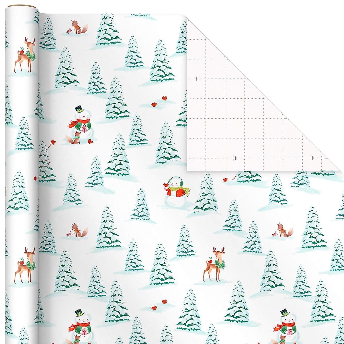Hallmark Christmas Wrapping Paper with Cut Lines on Reverse (3 Rolls: 120 sq. ft. ttl) Woodland Storybook Critters, Deer, Snowmen, Mint Green and Teal Blue Plaid