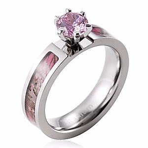 SHARDON Women's 5mm Titanium Pink Tree Camo Wedding Ring with Prong Setting Pink Brilliant Gemstone Size 9.5